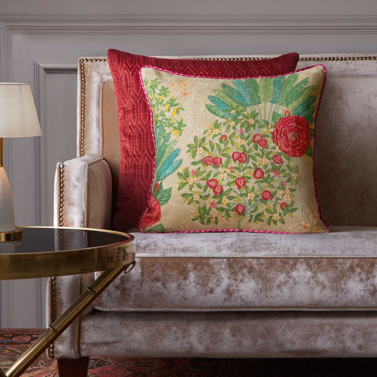 Buy Pomegranate Palm Accent Embroidered Cushion - Cream at Kainaat Design