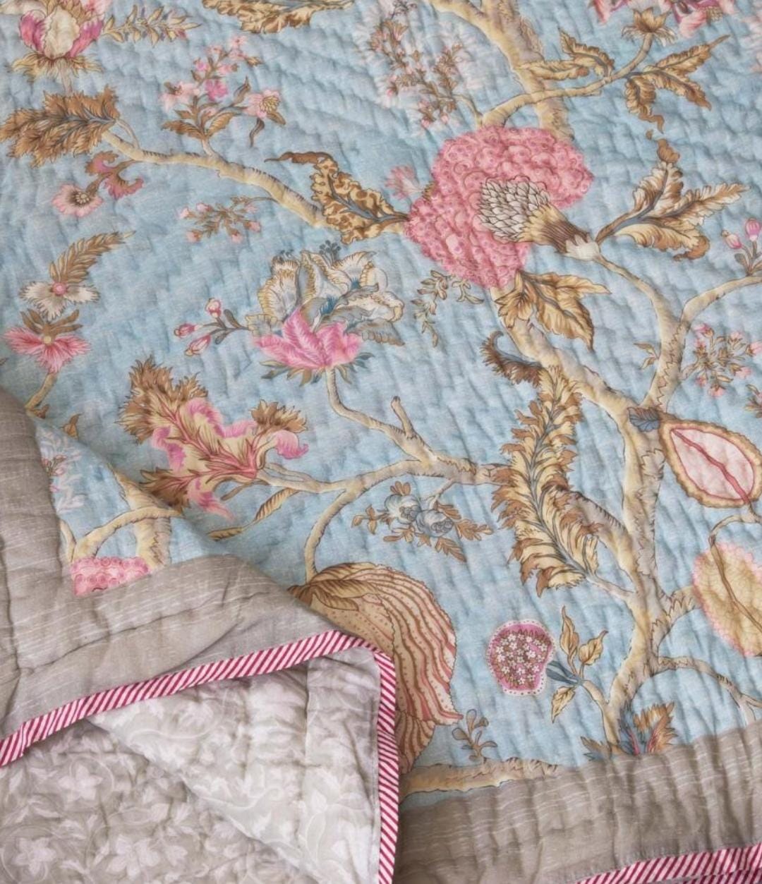 Buy Tree of Life Hand Quilted Muslin Quilt Blue At Kainaat Design